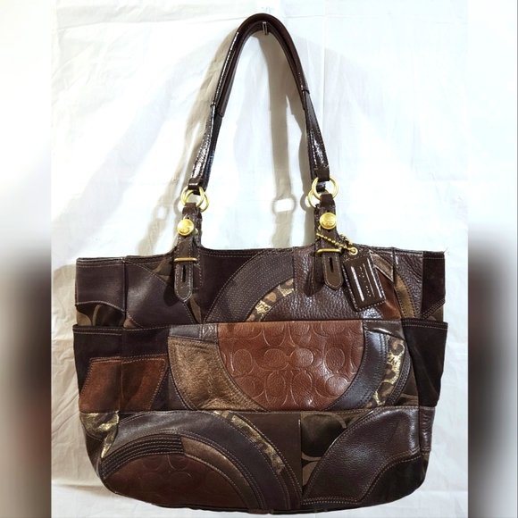 Coach | Bags | Authentic Coach Signature Brown Patchwork Leather Suede Satchel Tote Purse Bag ...